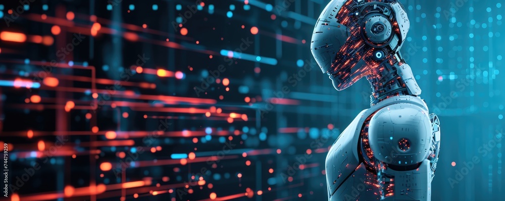 Side view of amazing humanoid head representing future technology and artificial intelligence ...