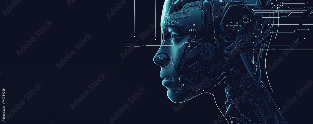 Side view of amazing humanoid head representing future technology and artificial intelligence ...