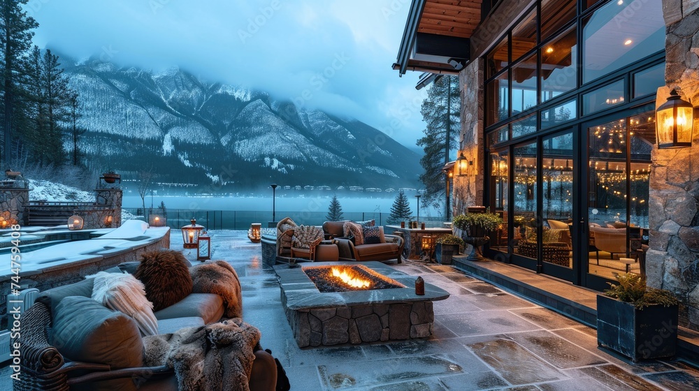 Wide angle view of a large outdoor patio with fireplace with rock ...