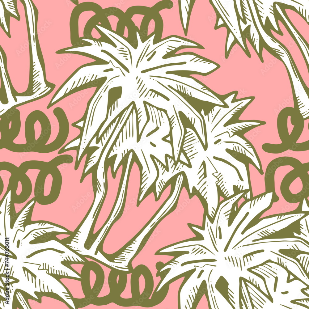 Tropical seamless vector pattern with palm leaves and tree. Holiday ...