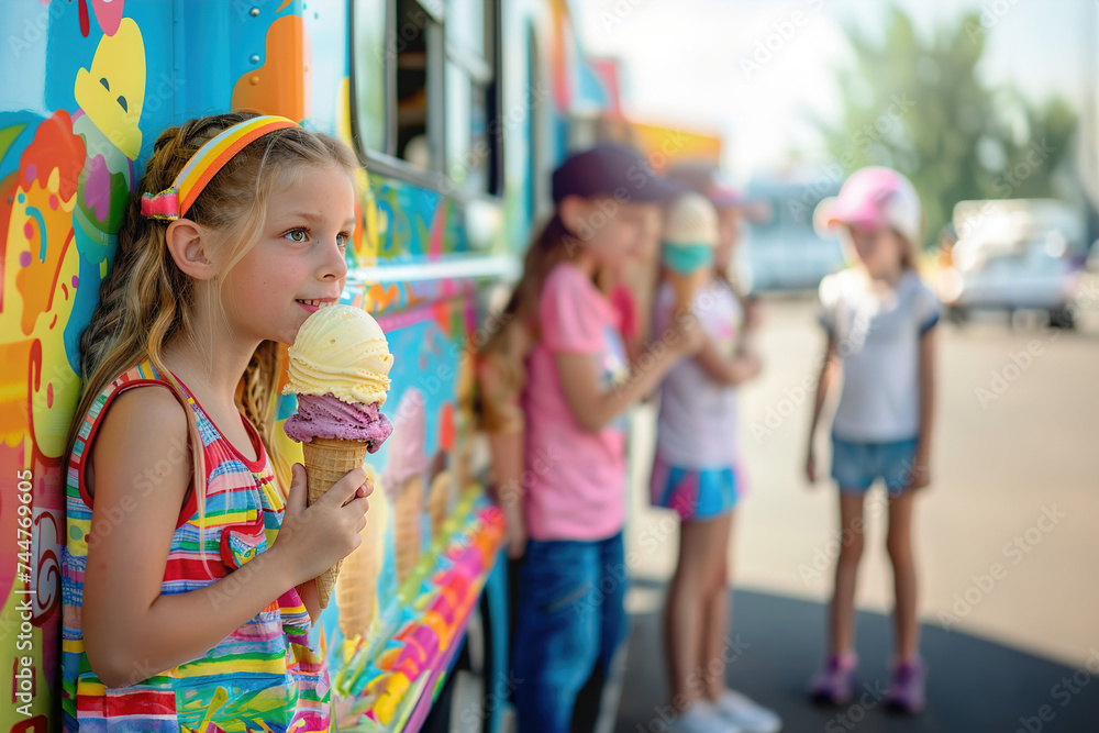 Children line up outside a vibrant ice cream truck, awaiting their ...