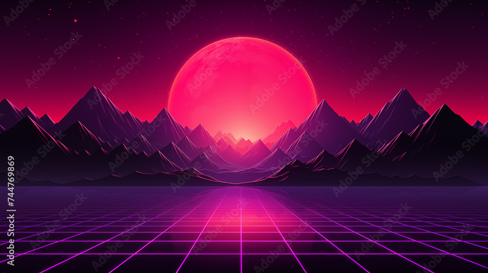 Futuristic retro landscape of the 80`s. Futuristic illustration of sun ...