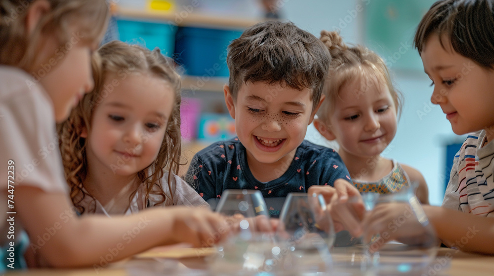 A group of children engaged in a science experiment, exploring cause ...