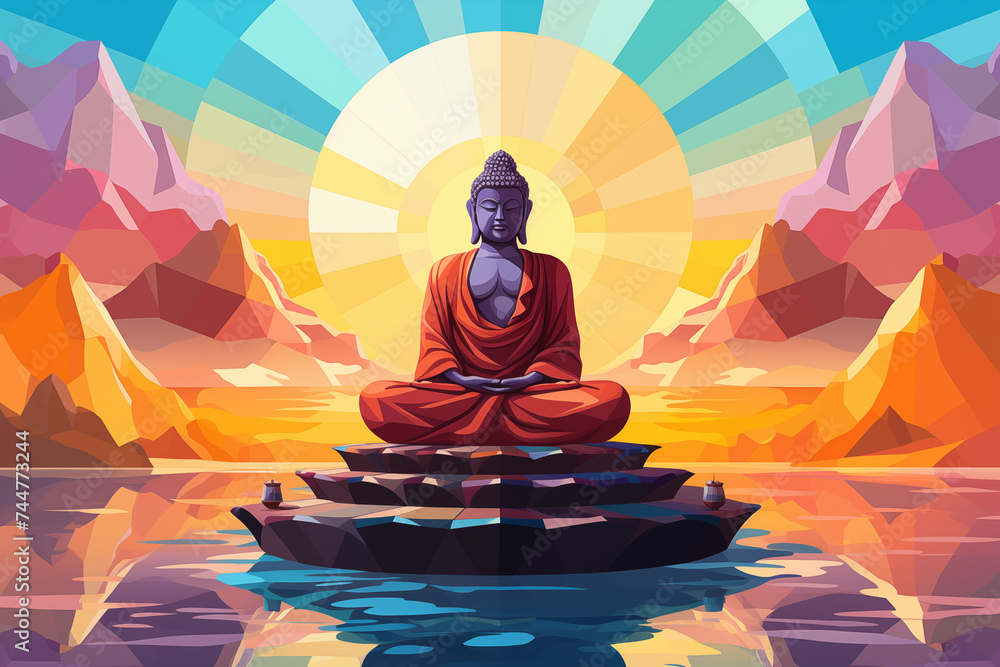 Gautama Buddha meditating in lotus position statue illuminated by sun ...