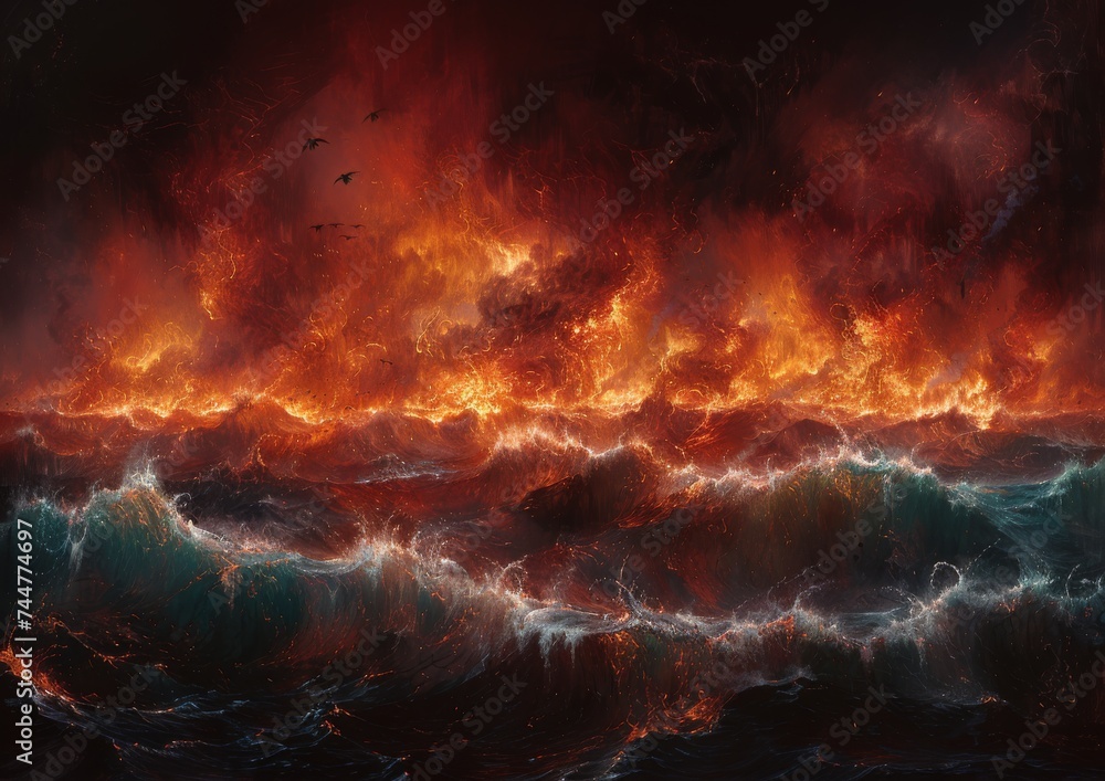 Apocalyptic Seascape with Furious Firestorm and Electrifying Energy ...