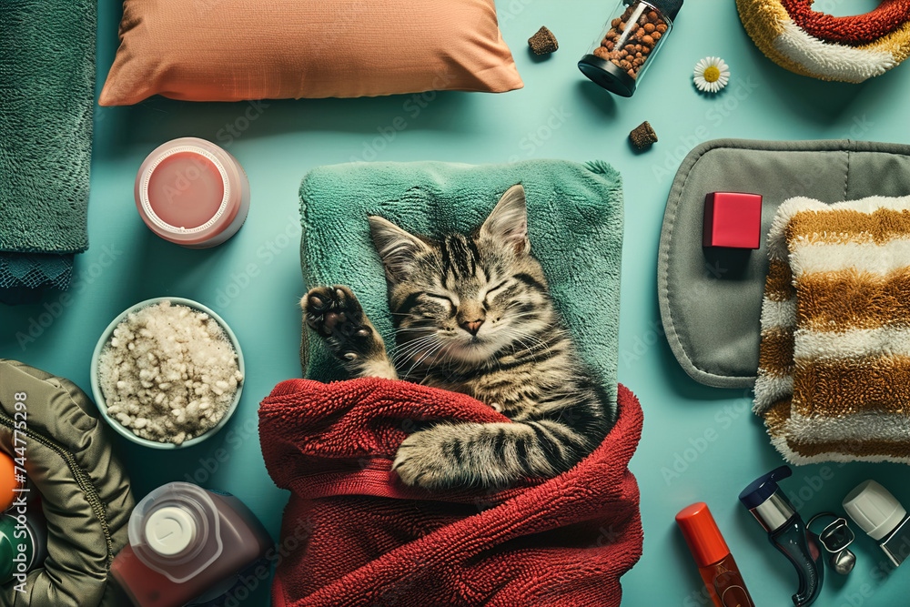 Cat lounges beside its owner, surrounded by pet care essentials ...