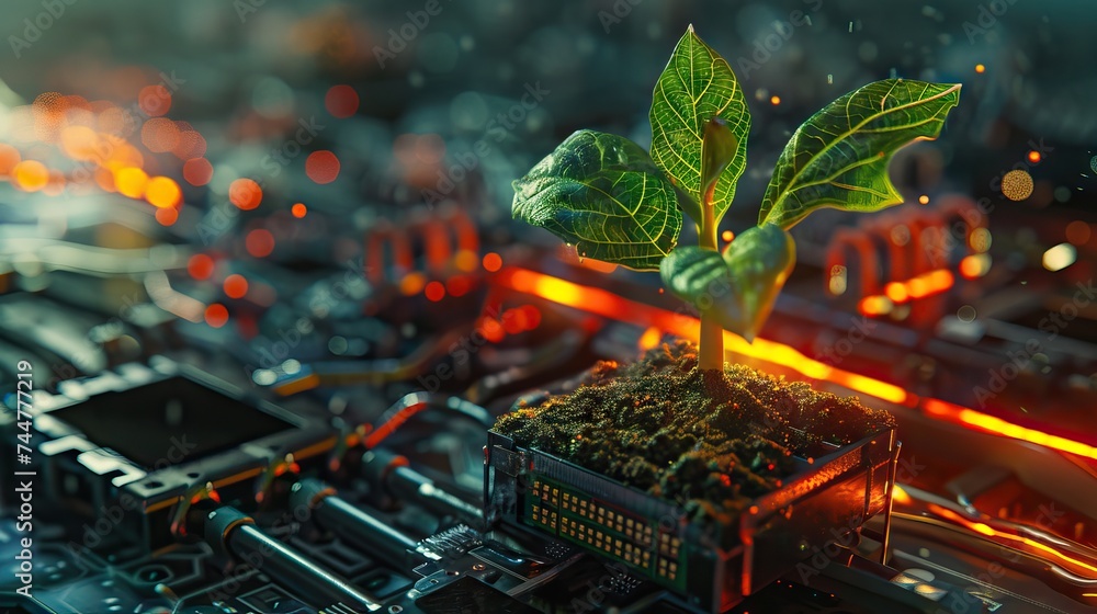 Tree with soil growing on the converging point of computer circuit ...