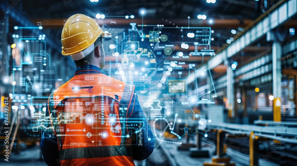 An industrial engineer walking through a heavy industry manufacturing ...