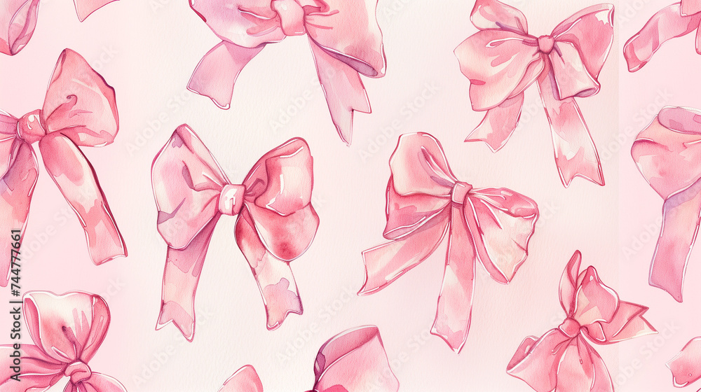 watercolor illustration of pink bows against a light pink background ...