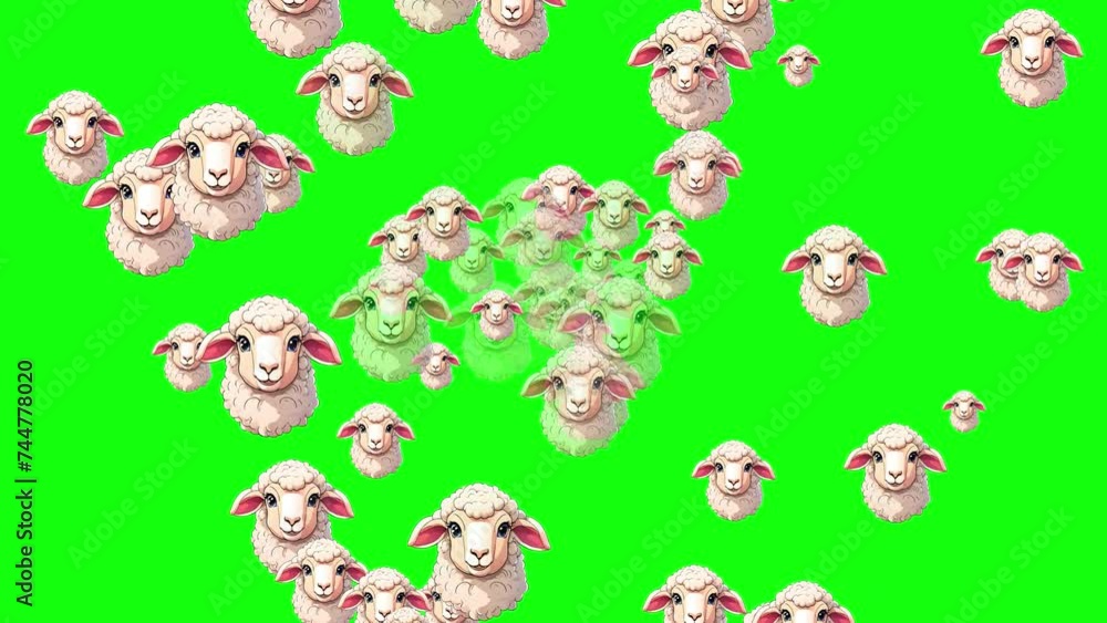 Explosion of cute sheep heads. Hypnotic motion of isolated animals ...