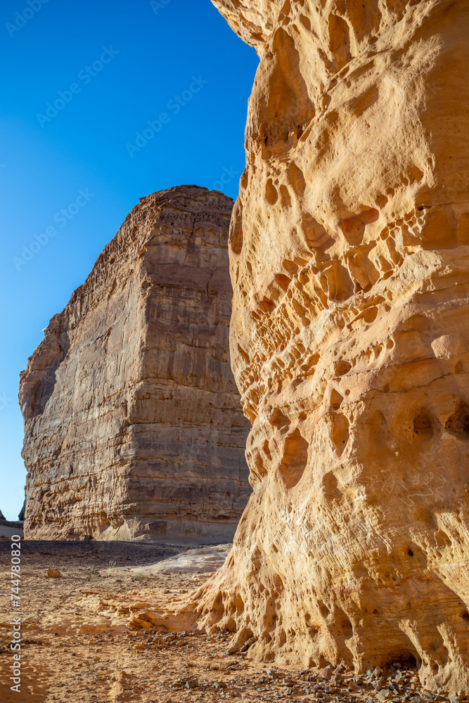 Sandstone elephant rock erosion monolith standing in the desert, Al Ula ...