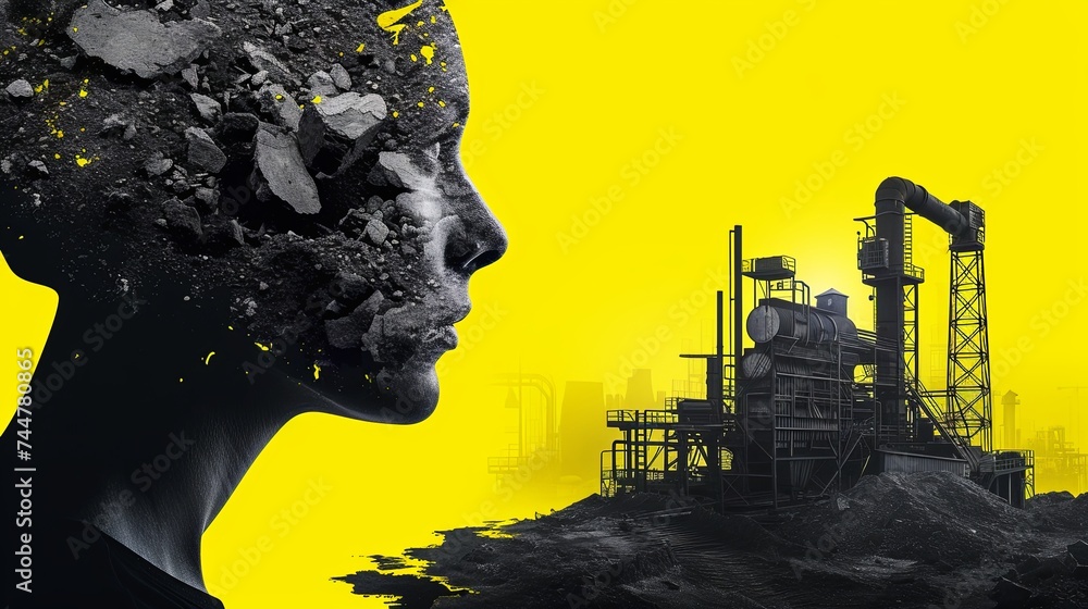 Coal Mining. Profile of a woman's head filled with lumps of coal and ...