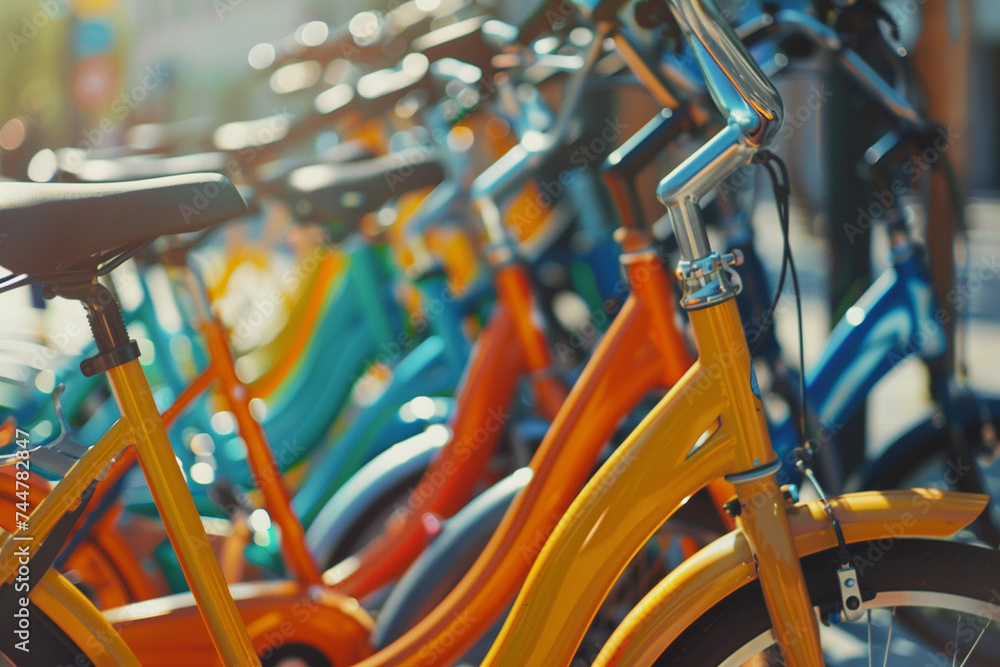 A close-up of a colorful bike sharing station bustling with activity ...