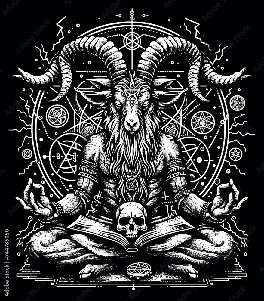 Mystical billy goat in meditative pose with occult symbols, dotwork ...
