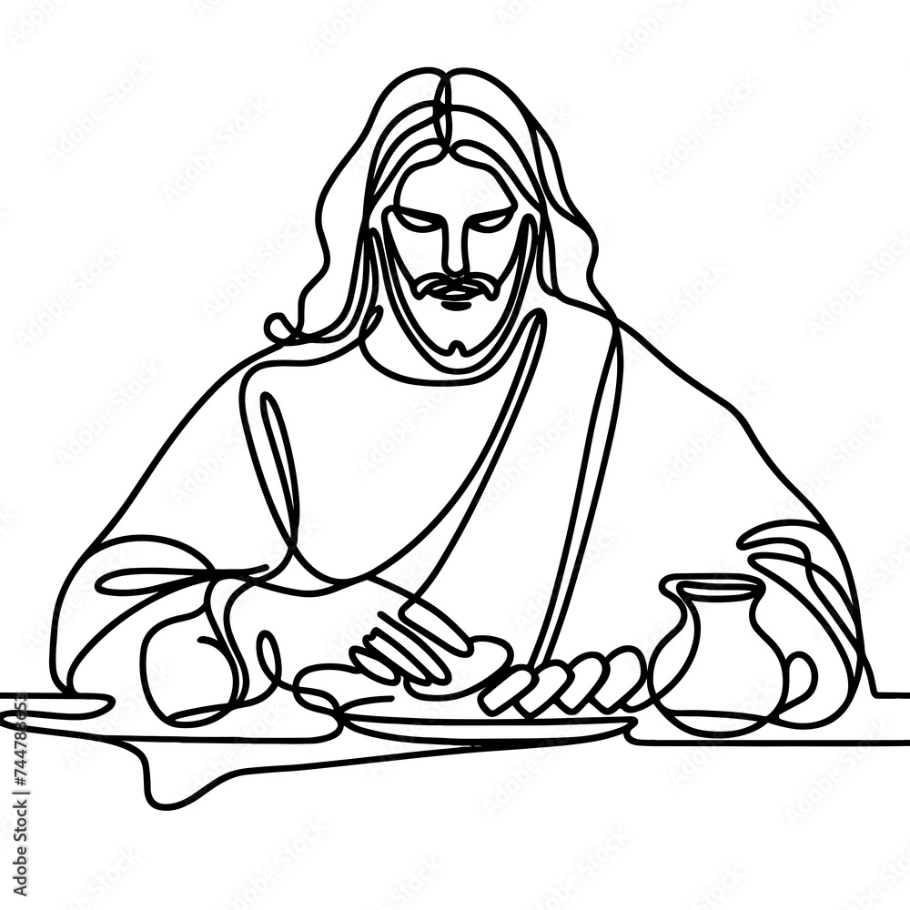 Jesus Christ breaking bread at the Last Supper, line drawing style ...