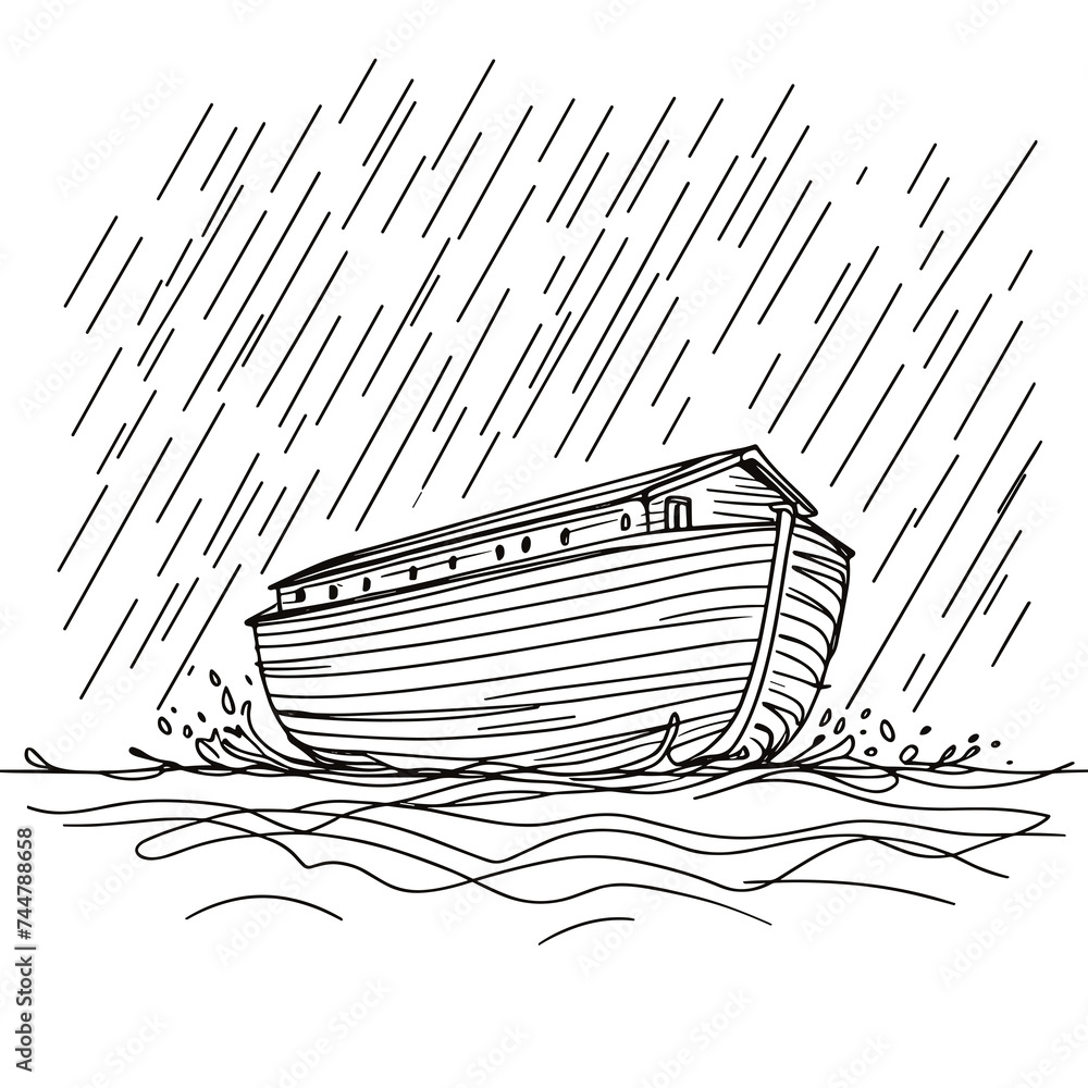 Noah's Ark in the pouring rain during the Flood, in line drawing style ...