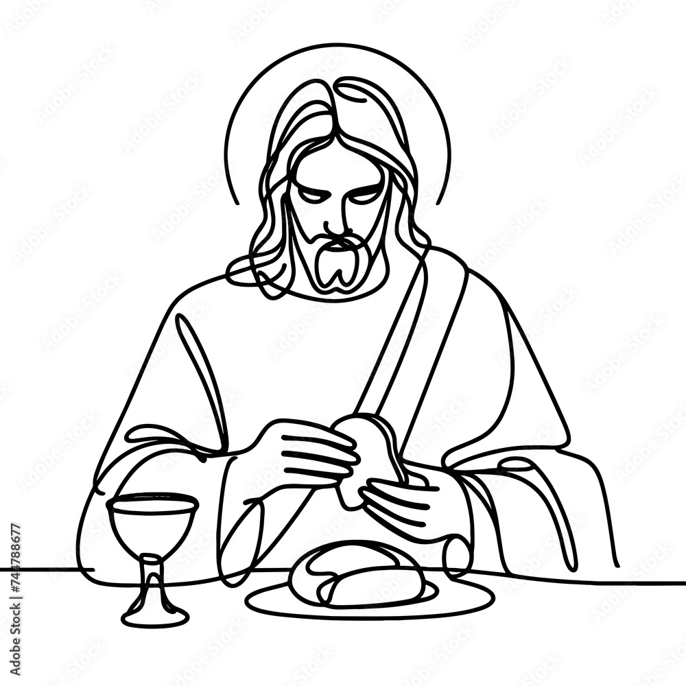 Jesus Christ breaking bread at the Last Supper, line drawing style ...