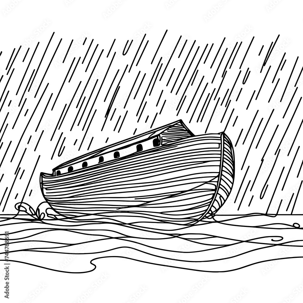 Noah's Ark in the pouring rain during the Flood, in line drawing style ...