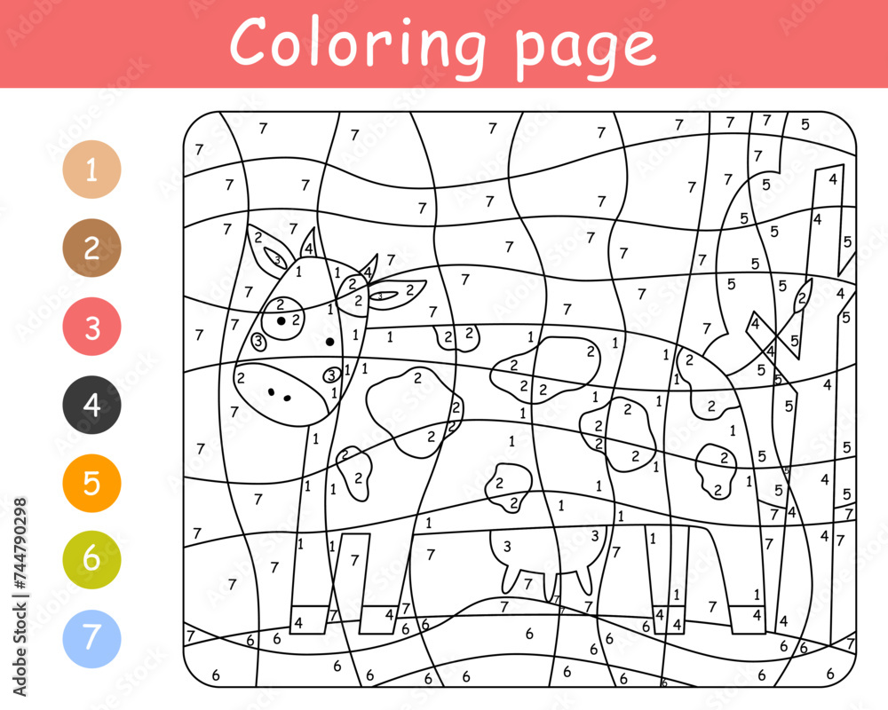 Color by number game for kids. Childish cute Brown cow. Farm coloring ...