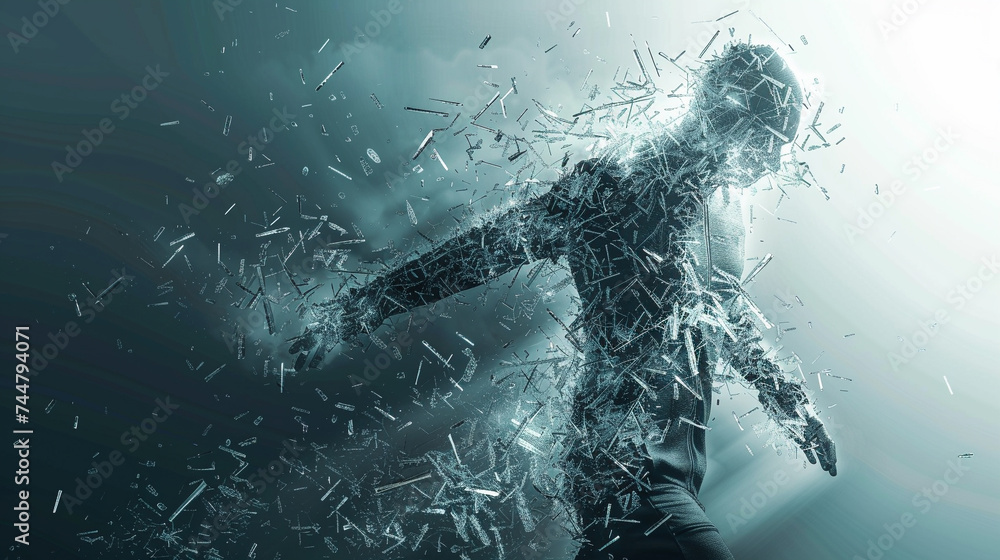 Abstract human figure dissolving into shards and light representing ...