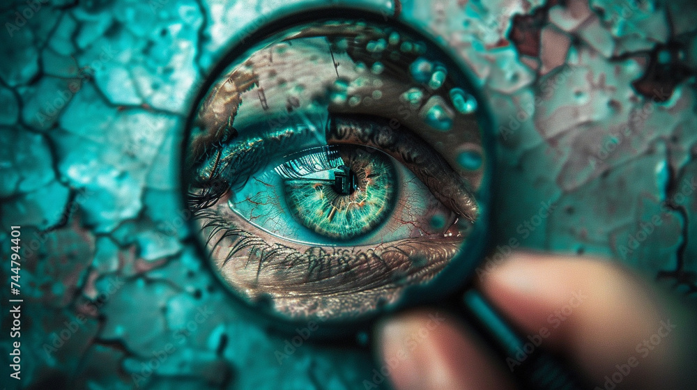 Person holding a magnifying glass over their eye creating a surreal ...