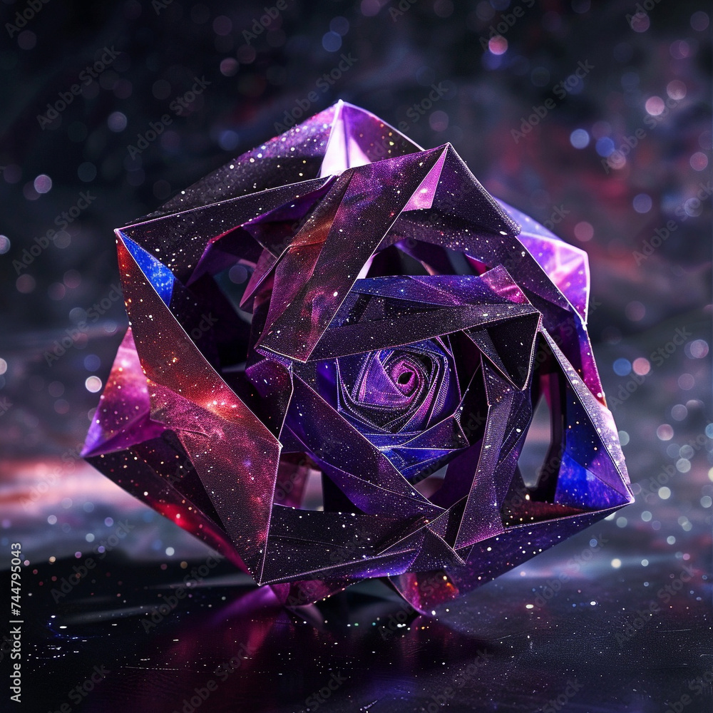 Origami stars in a nebula of velvet linked by cybernetic tesseract ...