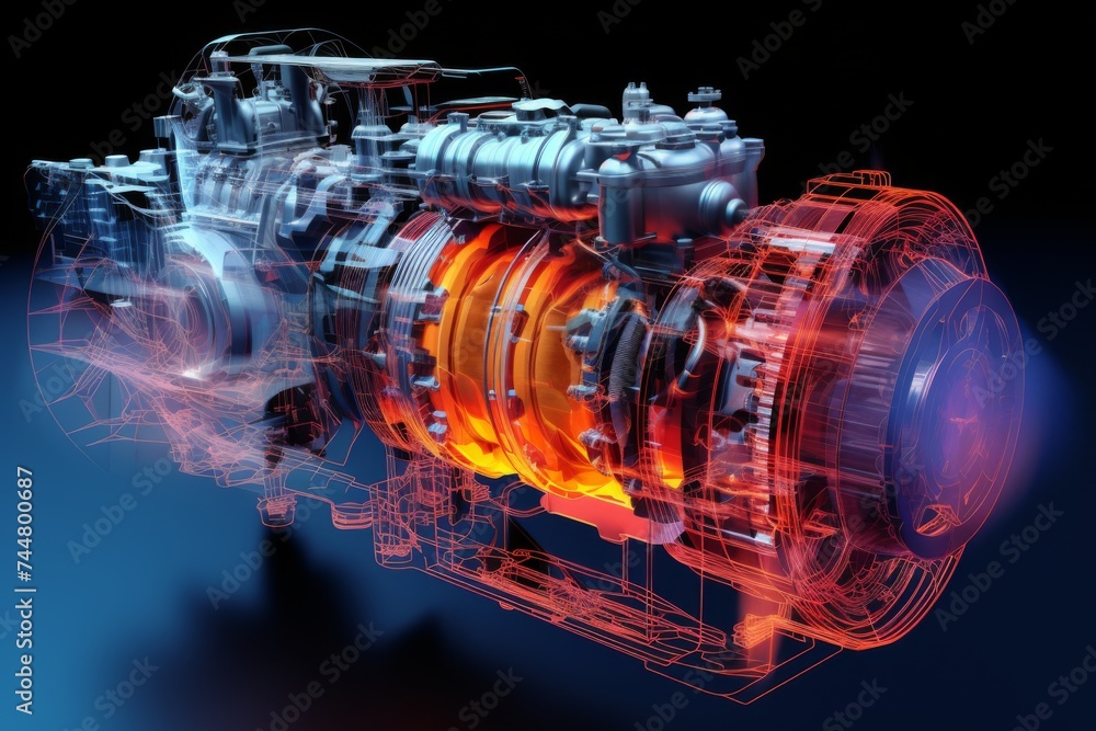 3D illustration of a car engine with thermal heat representation ...