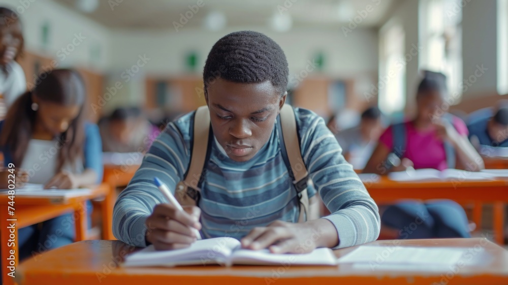 African students taking a test in examination room, Student Writing ...