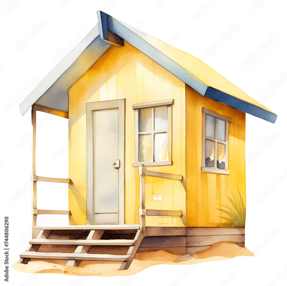 Watercolor illustration of a yellow beach hut. Transparent background ...