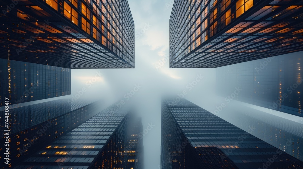 Gazing into the fog, a line of towering skyscrapers emerges. The glass ...