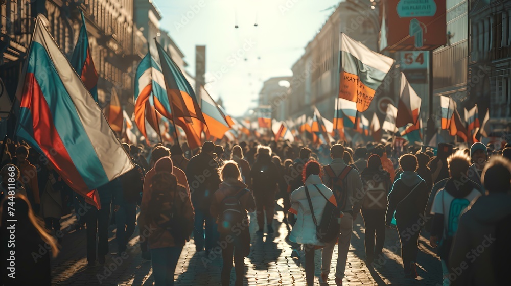 Bustling city street scene with diverse crowd and vibrant flags. urban ...
