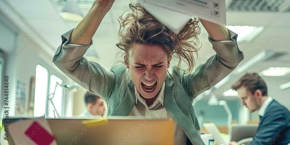 Workplace harassment concept with employees arguing and fighting Stock ...