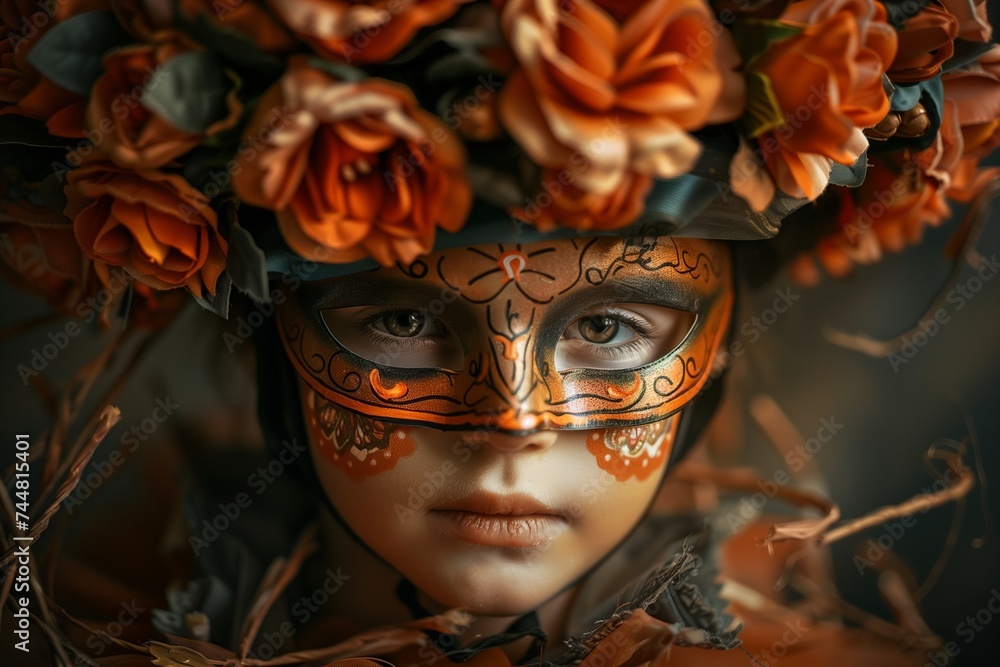 A fascinating photo of a child in carnival garb, their face concealed ...