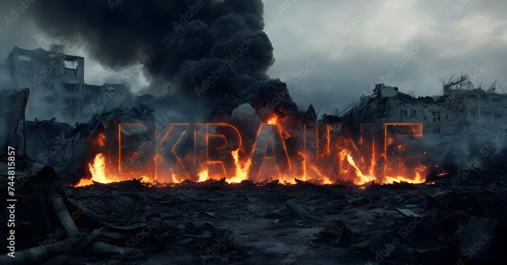 The word 'UKRAINE' emerges from the flames and debris, a stark symbol ...