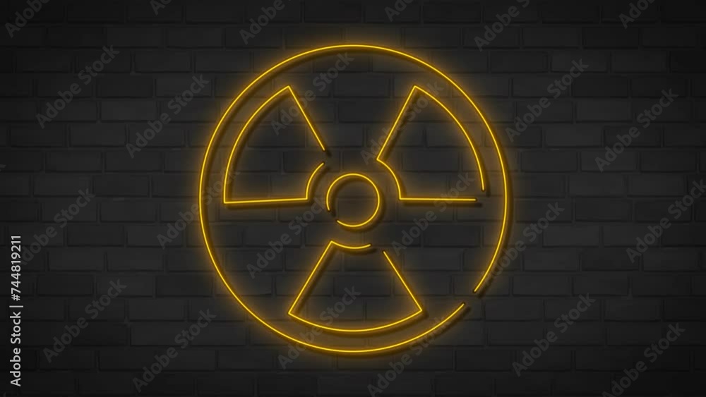Neon radiation, radioactive neon sign on dark brick wall. Nuclear ...