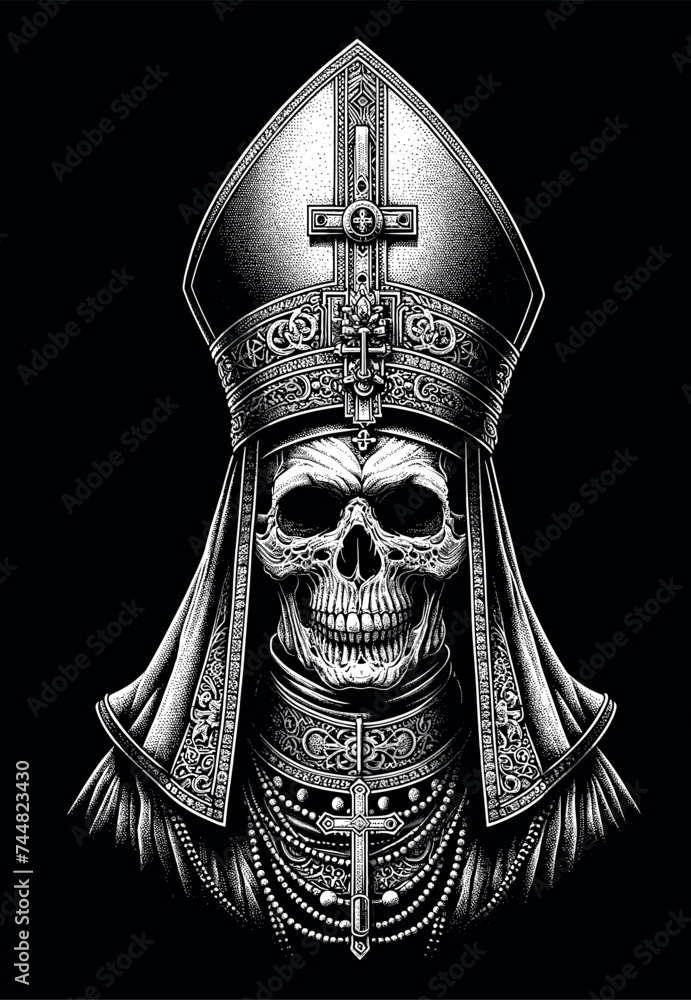 Skeletal Bishop with Mitre and Cross Regalia in Dotwork Style Stock ...