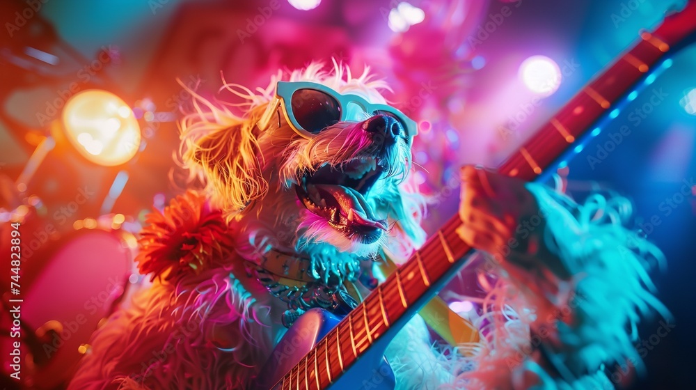 Devoted rock star dog with stylish sunglasses singing and playing rock ...