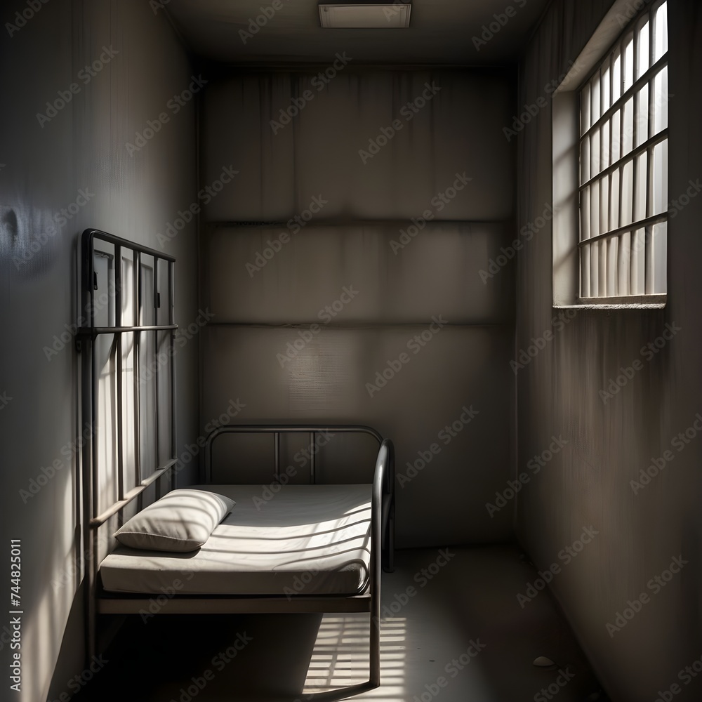 Empty prison. Sad and desolate image of a prison with a bed and bars ...