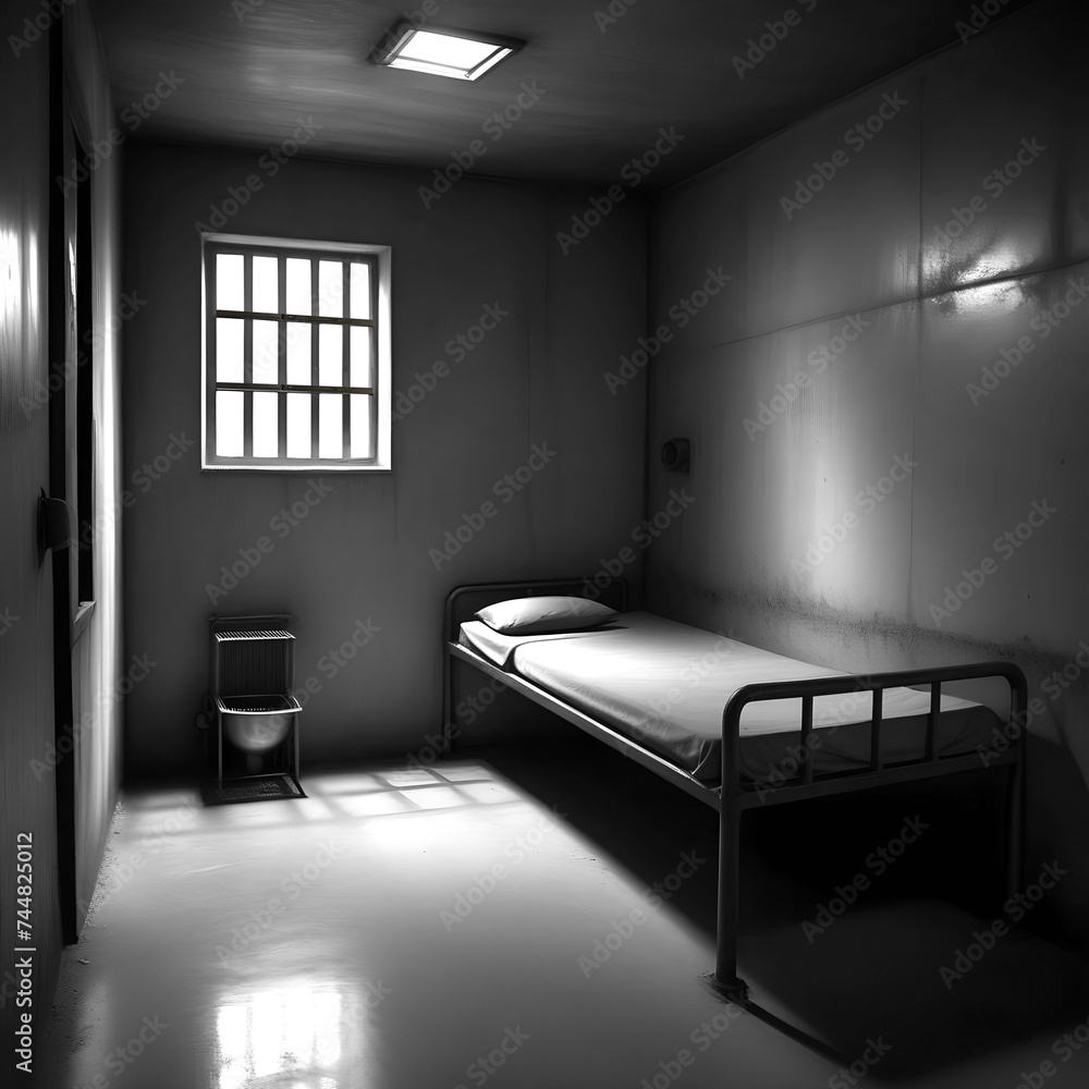 Empty prison. Sad and desolate image of a prison with a bed and bars ...