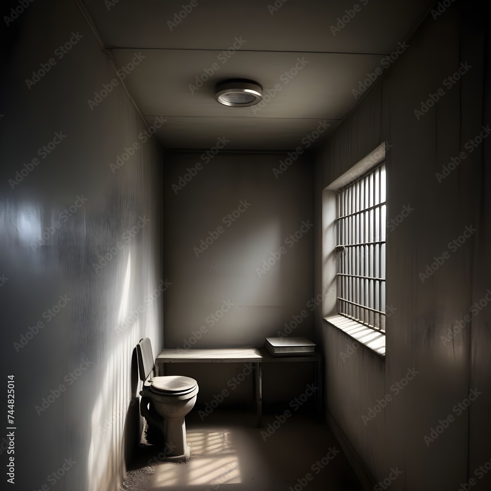 Empty prison. Sad and desolate image of a prison with a bed and bars ...