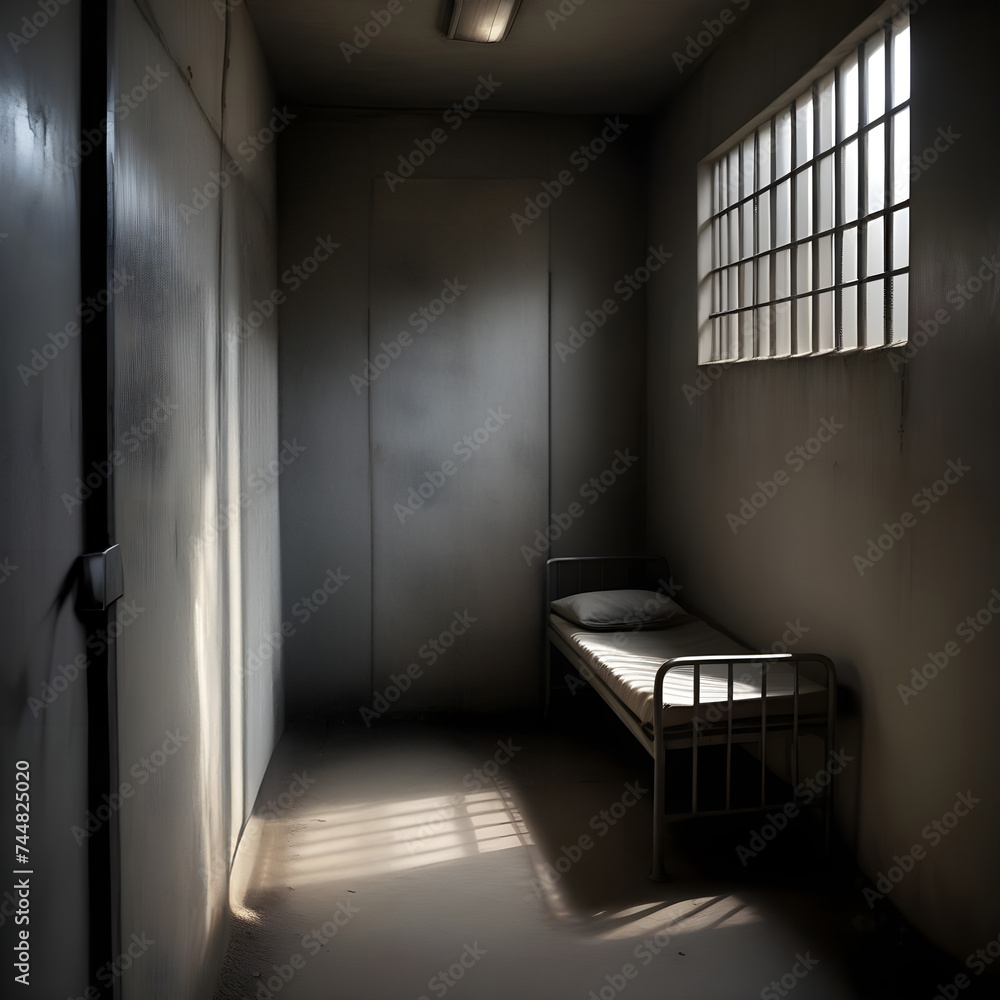 Empty prison. Sad and desolate image of a prison with a bed and bars ...