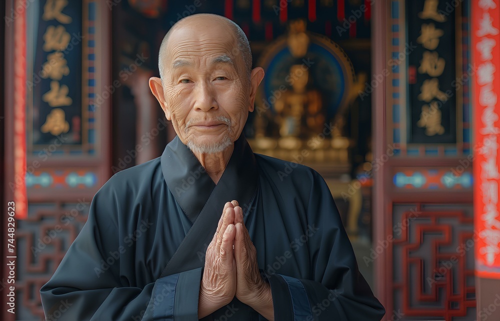 An old Chinese abbot faces the camera with his hands clasped in front ...