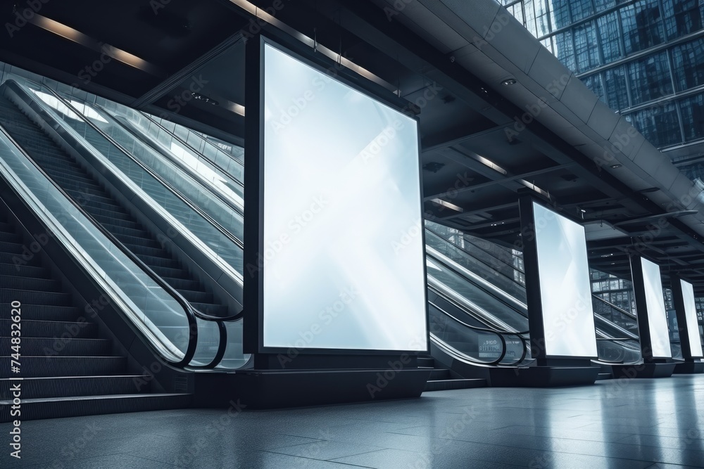 Illuminated advertisement billboards beside escalators in a ...
