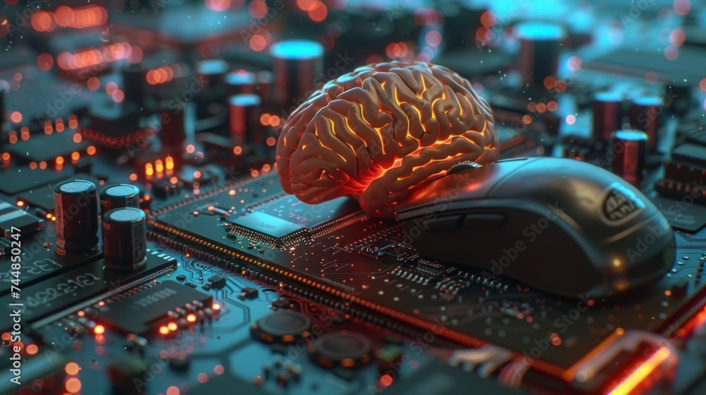 human brain with a chip inside a computer and a mouse and technology in ...