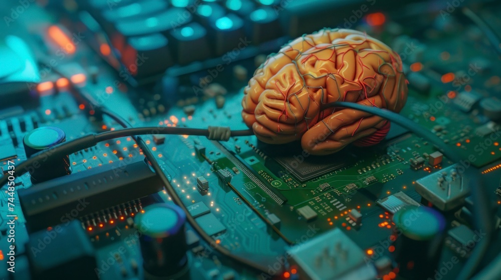 human brain with a chip inside a computer and a mouse and technology in ...