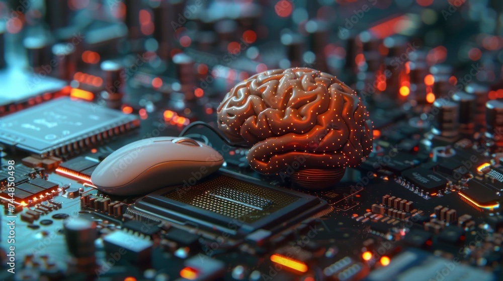 human brain with a chip inside a computer and a mouse and technology in ...
