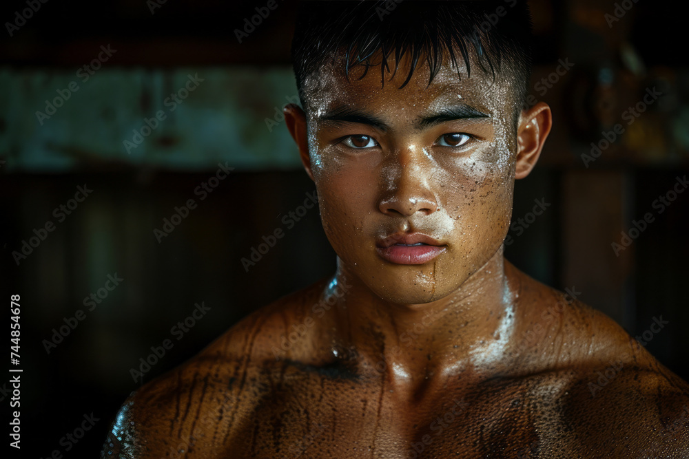 Close-up portrait of a young Asian boxer with bare chest, smeared in ...