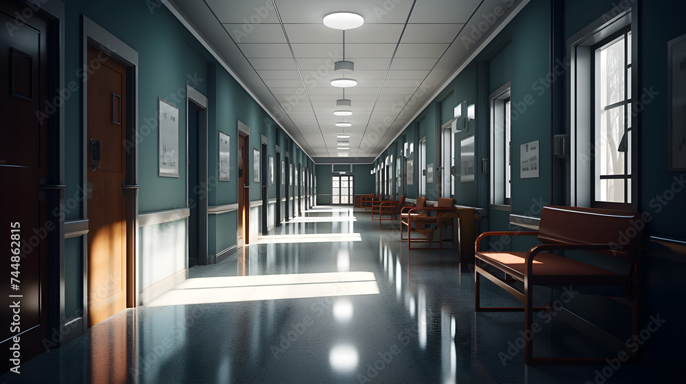 Photo & Art Print A spacious hospital corridor with benches, imbuing ...