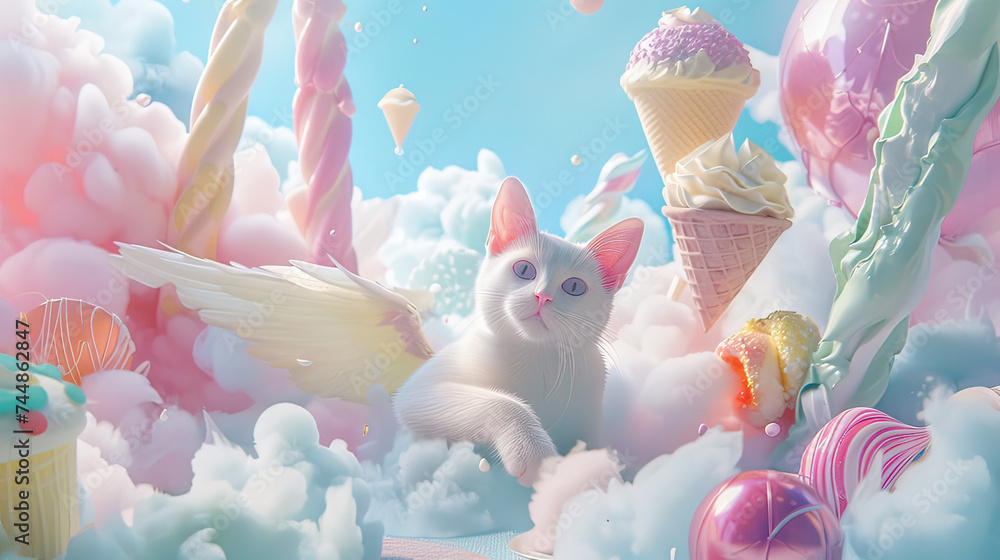 Pastel paradise with a retro twist, cat with wings exploring amid ...