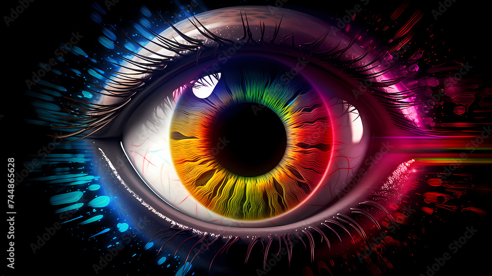 Human eye animation concept with rainbow membrane, rainbow lines after ...